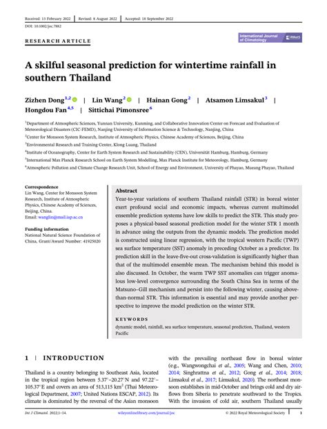 Pdf A Skillful Seasonal Prediction For Wintertime Rainfall In Southern Thailand