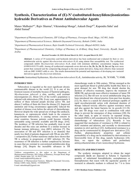 Pdf Synthesis Characterization Of E N Substituted Benzylideneisonicotino Hydrazide