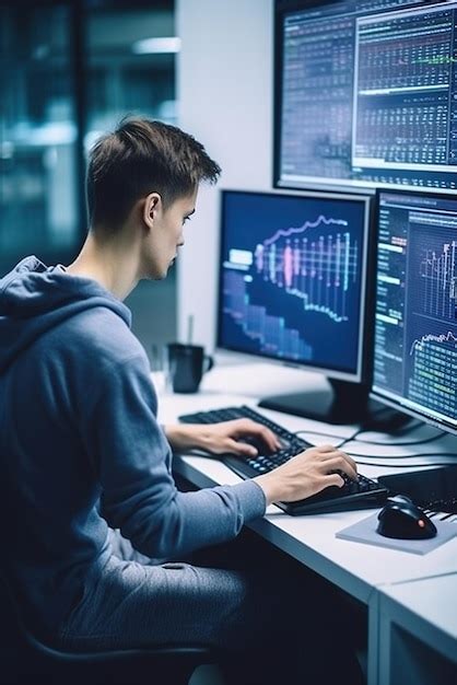 Young Male Stock Trader Analyzing Financial Data On Multiple Computer