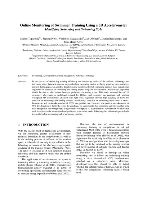 Pdf Online Monitoring Of Swimmer Training Using A 3d Accelerometer Identifying Swimming And
