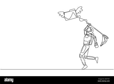 Continuous One Line Drawing Astronaut Try To Catch Flying Folder Icon With Butterfly Net
