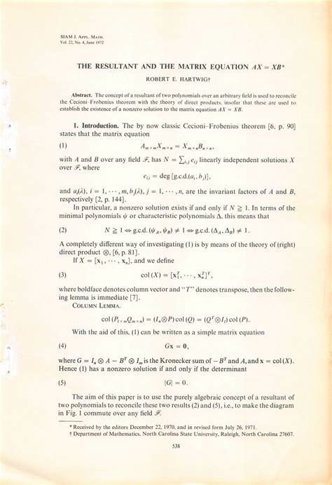 Pdf The Resultant And The Matrix Equation Ax Xb Siam Journal