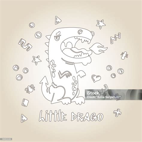 몬스터 낙서 캐릭터 귀여운 드래곤 화염과 작은 패턴과 생물손으로 그린 벡터 일러스트레이션 할로윈 파티 포스터 인사말 카드 색칠 공부책의 모든 성도 날 개념 개념에 대한 스톡