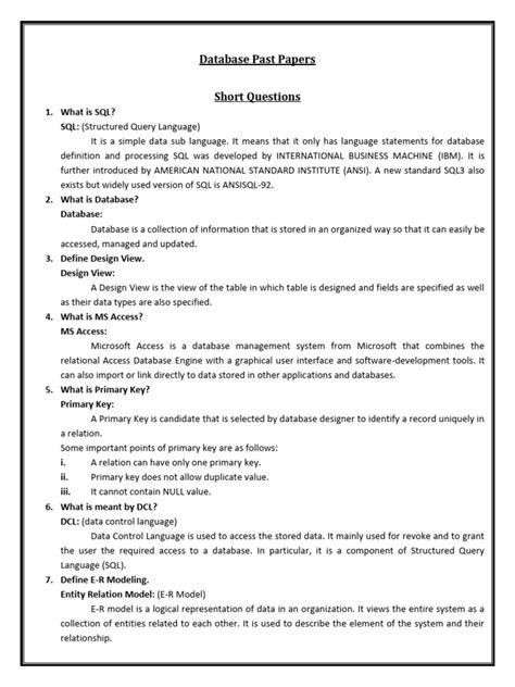 database past paper short question pdf relational database