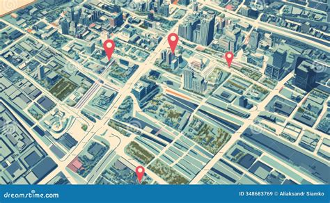 City Map With Pins Marking Notable Locations For Exploration Stock