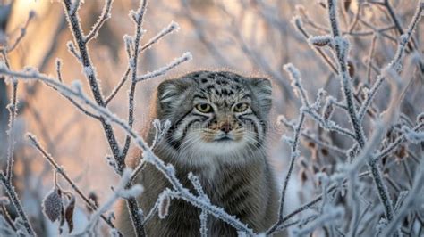 Pallas S Cat Stares Intently From A Snowy Thicket In Winter Wilderness