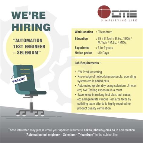 We Are Hiring An “automation Test Engineer Selenium” For Trivandrum
