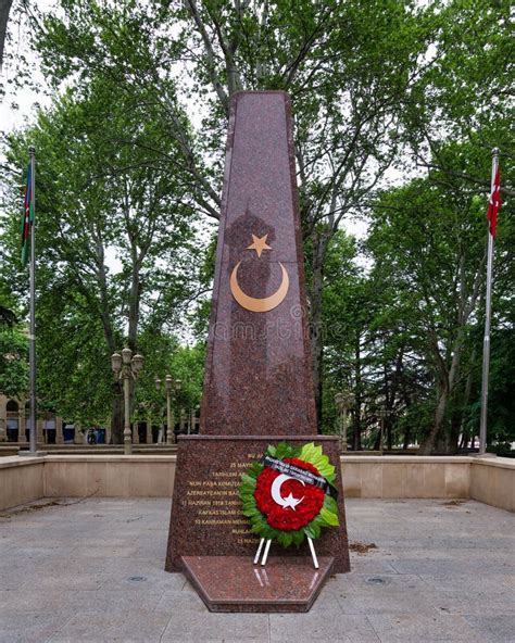 Turkish Martyrs Memorial A Red Granite Obelisk In Ganja Azerbaijan Dedicated To The Memory Of