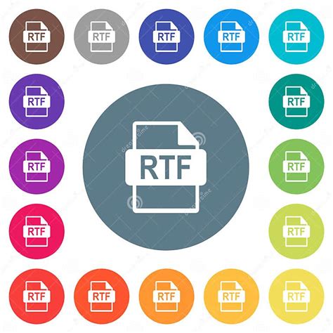 rtf file format flat white icons on round color backgrounds stock