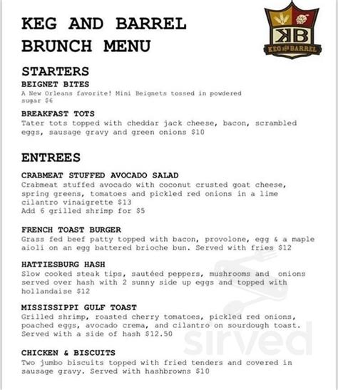 Menu For Keg And Barrel Ocean Springs In Ocean Springs Ms Sirved