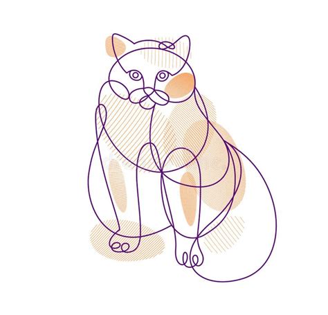 Nice Cute Cat Linear Vector Illustration Line Art Drawing Of Pussycat