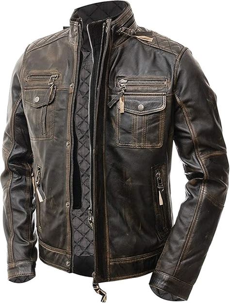 The Custom Jacket Veste De Moto En Cuir Véritable Marron Vieilli Pour Homme Amazonca