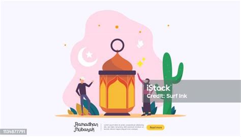 행복 한 라마단 무바라크 웹 방문 페이지 서식 파일 배너 프레젠테이션 소셜 및 인쇄 미디어에 대 한 사람 문자 인사말 개념입니다 이슬람 Eid Fitr 또는 아 드 평면