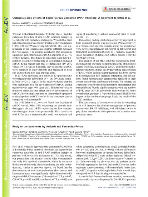 Pdf Cutaneous Side Effects Of Single Versus Combined Inhibitors