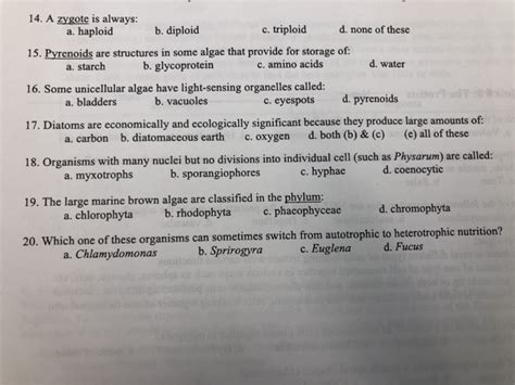 Solved 14 A Zygote Is Always 15 Pyrenoids Are Structures