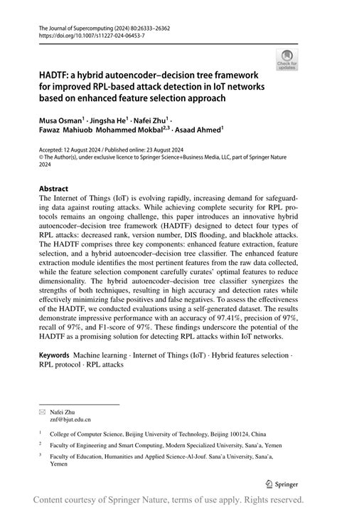 Hadtf A Hybrid Autoencoderdecision Tree Framework For Improved Rpl