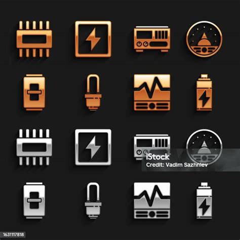 Led 전구 암페어 미터 멀티 미터 전압계 배터리 전기 측정 기기 스위치 미세 회로 Cpu 및 번개 모양 아이콘이있는 프로세서를 설정하십시오 벡터 Cpu에 대한 스톡 벡터