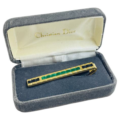 Vintage Christian Dior Gold Emerald Green Crystals Designer Tie Clip W