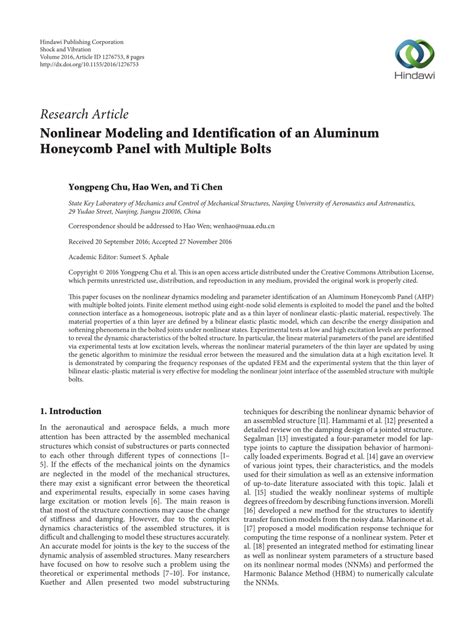 Pdf Nonlinear Modeling And Identification Of An Aluminum Honeycomb Panel With Multiple Bolts