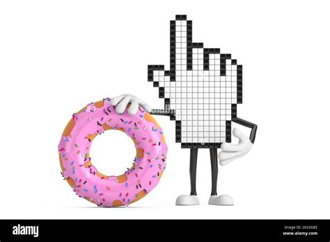 Pixel Hand Cursor Mascot Person Character With Big Strawberry Pink Glazed Donut On A White