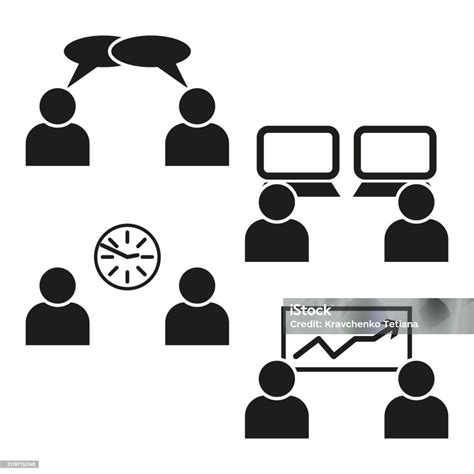 커뮤니케이션 및 팀워크 아이콘 설정 토론 및 대화 기호 시간 관리 및 진행 차트 표시 벡터 일러스트 레이 션입니다 주당순이익 10 아이콘에 대한 스톡 벡터 아트 및 기타
