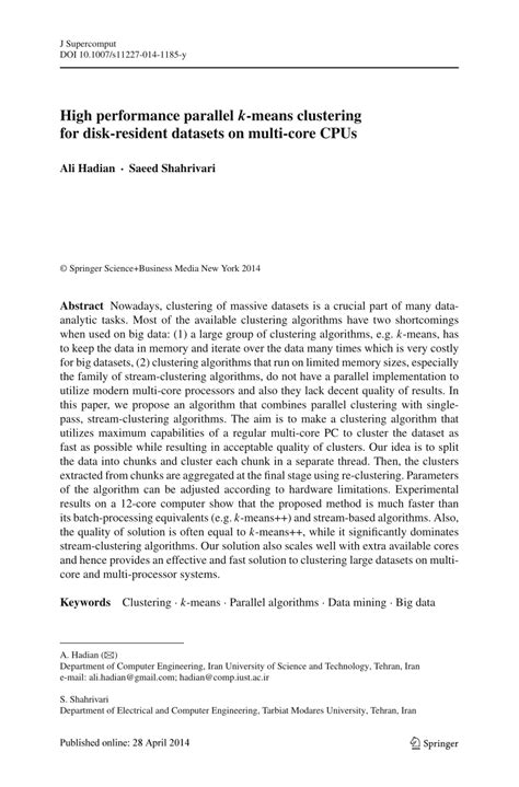 Pdf High Performance Parallel Means Clustering For Disk Resident