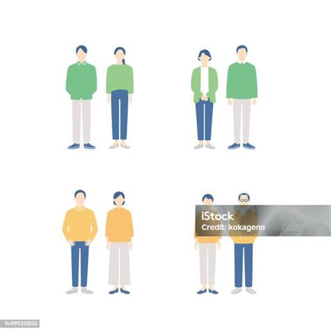 다양한 연령대의 커플 세트 시니어 커플 중년 커플 젊은 커플 간단한 전신 그림 기혼에 대한 스톡 벡터 아트 및 기타 이미지 기혼 남자 남편 Istock