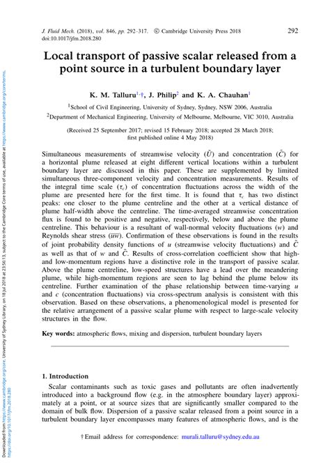 Pdf Local Transport Of Passive Scalar Released From A Point Source In A Turbulent Boundary Layer