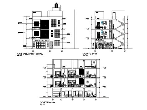 Main Elevation And Front And Back Sectional Details Of Multi Story House Building Dwg File