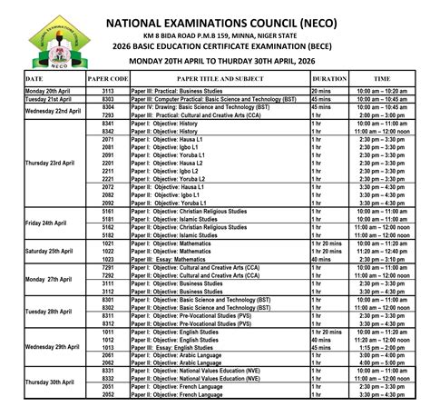 2026 Neco Bece Timetable 20th 30th April Unity Schools