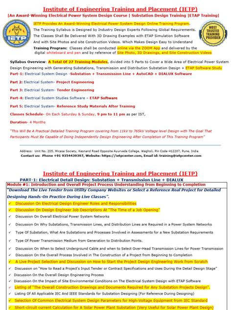 Electrical Power System Design Engineering Training Syllabus 2025 Substation Design Etap