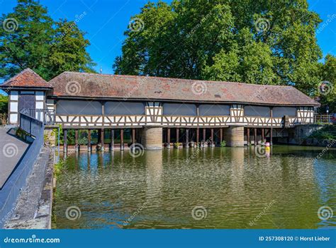 Historic Truss Bridge Water House On The Neckar River Esslingen Baden