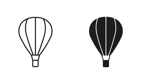 Hot Air Balloon With Basket Line And Silhouette Black Icon Set Flight