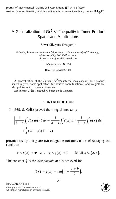 Pdf A Generalization Of Grsss Inequality In Inner Product Spaces And Applications