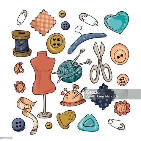 바느질 및 재봉 도구 바늘 실 직물 마네킹 가위 측정 테이프 바늘 막대 단추 핀 벡터 그림 가위에 대한 스톡 벡터 아트 및 기타 이미지 Istock