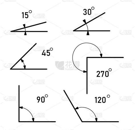 不同大小的角。角度图标设置。孤立的数学符号