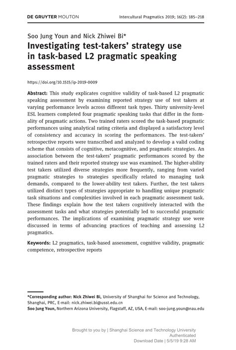Pdf Investigating Test Takers Strategy Use In Task Based L2 Pragmatic Speaking Assessment