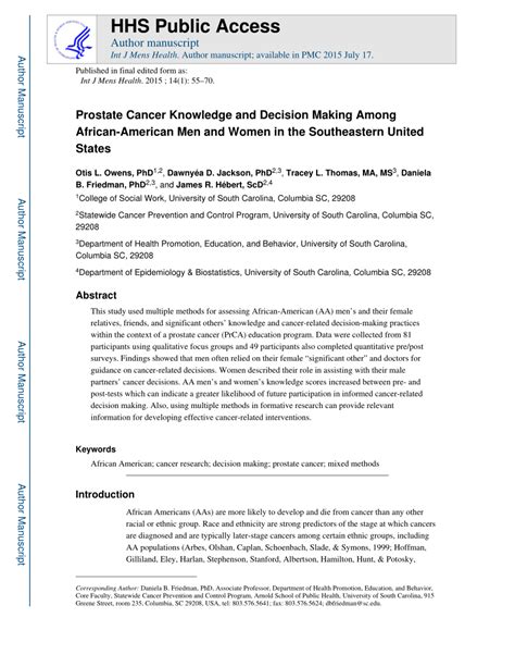 Pdf Prostate Cancer Knowledge And Decision Making Among African American Men And Women In The