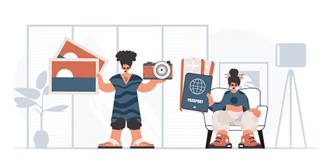 그 사람과 홍수 아가씨는 여행을 가고 있습니다 휴식과 여행의 개념 트렌디한 스타일 벡터 일러스트레이션 개념에 대한 스톡 벡터 아트 및 기타 이미지 Istock