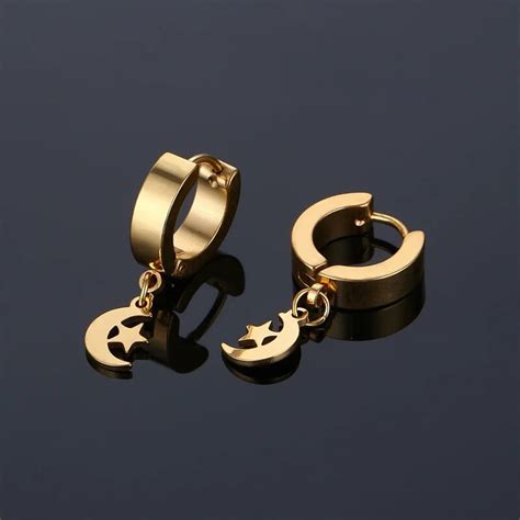 Badu Bg Малка лунна звезда Обеци с обръч от неръждаема стомана за жени Мъже Бижута за уши