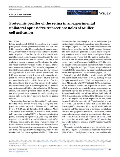 Pdf Proteomic Profiles Of The Retina In An Experimental Unilateral Optic Nerve Transection