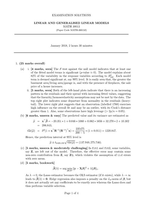 Linear And Generalised Linear Models Exam Solutions EXAMINATION SOLUTIONS LINEAR AND