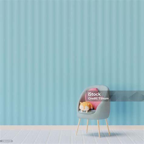 분홍색 하트 모양의 베개와 파란색 파스텔 배경에 빨간 고양이가 있는 가벼운 의자 발렌타인 데이 컨셉 3d 렌더링 0명에 대한 스톡 사진 및 기타 이미지 Istock