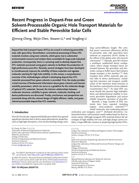 Pdf Recent Progress In Dopant‐free And Green Solvent‐processable Organic Hole Transport