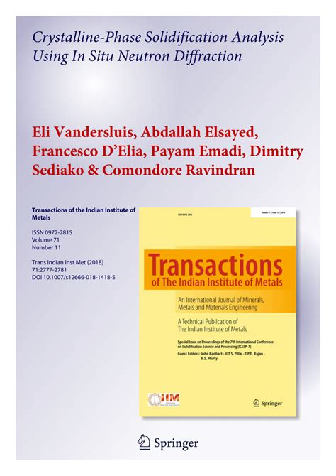Pdf Crystalline Phase Solidification Analysis Using In Situ Neutron Diffraction
