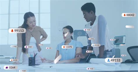 Image Of Multiple Notification Bars Diverse Female Architects Sharing Ideas About Floor Plan