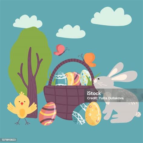 벡터 부활절 파티 전단지 인사말 카드 그림 계란 파란색 배경에 토끼 그림 봄 방학 축하 포스터 디자인 템플릿 개념에 대한 스톡 벡터 아트 및 기타 이미지 Istock