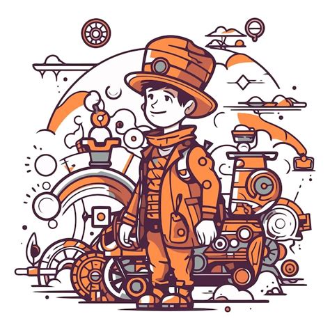 Мальчик в шлеме старого паровоза Премиум Ai сгенерированный вектор