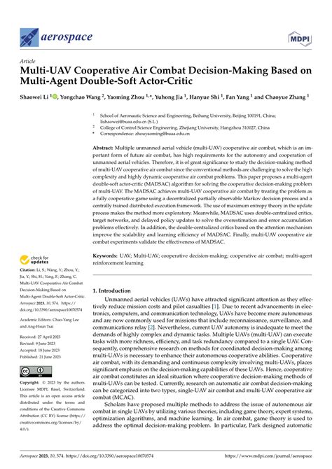 Pdf Multi Uav Cooperative Air Combat Decision Making Based On Multi Agent Double Soft Actor Critic