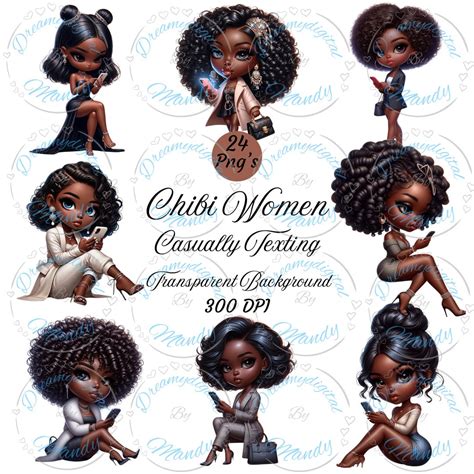 24 African American Chibi Women Texting On Phone Clipart Elegant